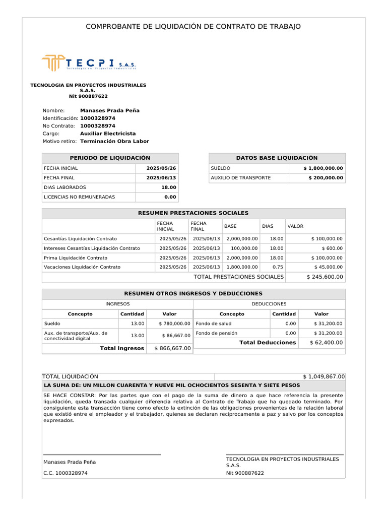 Comprobante de Liquidación de Contrato de Trabajo | PDF | Economias
