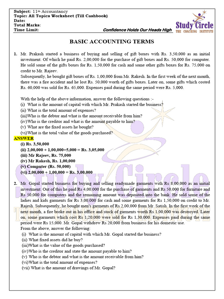 Unit Test 1 Worksheet Answer Key | PDF | Debits And Credits | Expense