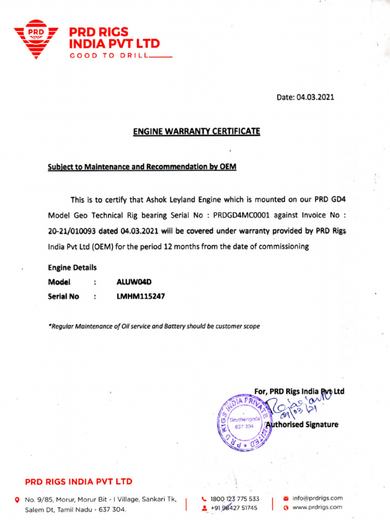 L - T - Engine Warranty Certificate | PDF