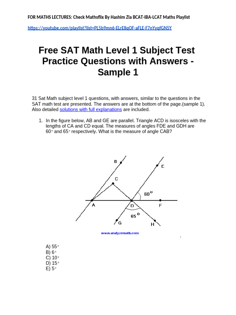 Free SAT Math Level 1 Subject Test | PDF | Circle | Elementary Geometry