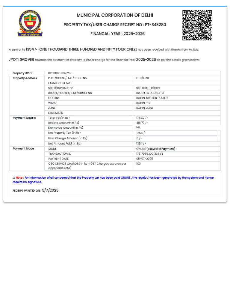Municipal Corporation of Delhi: Property Tax/User Charge Receipt No: Pt ...