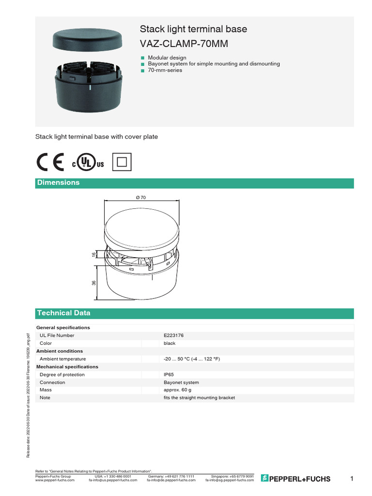 Stack Light Terminal Base Vaz-Clamp-70Mm: Dimensions | PDF