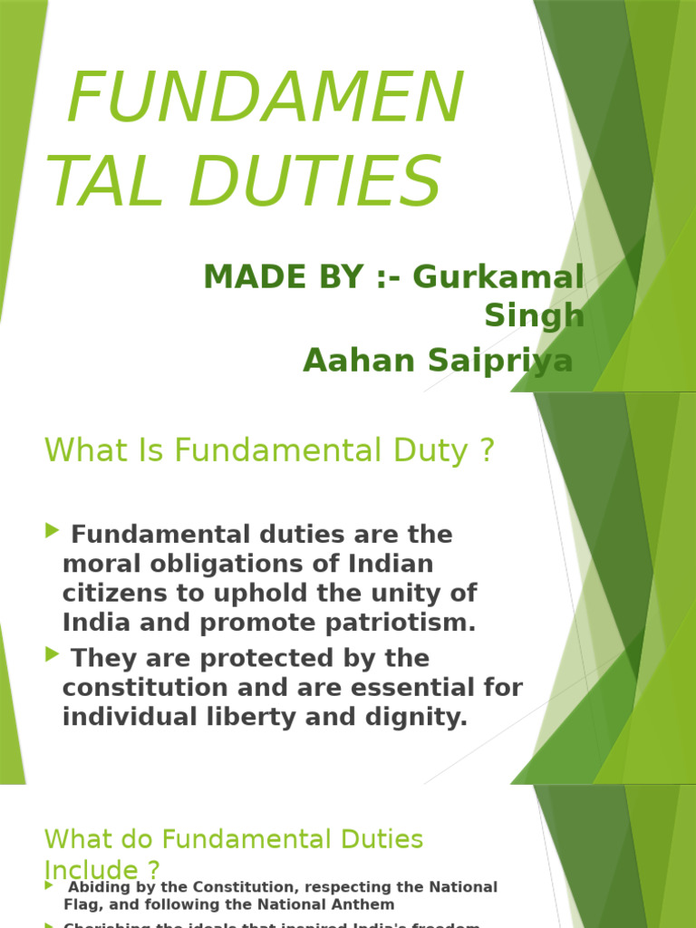 Fundamental Duties by Gurkamal Singh and Aahan Ix B | PDF