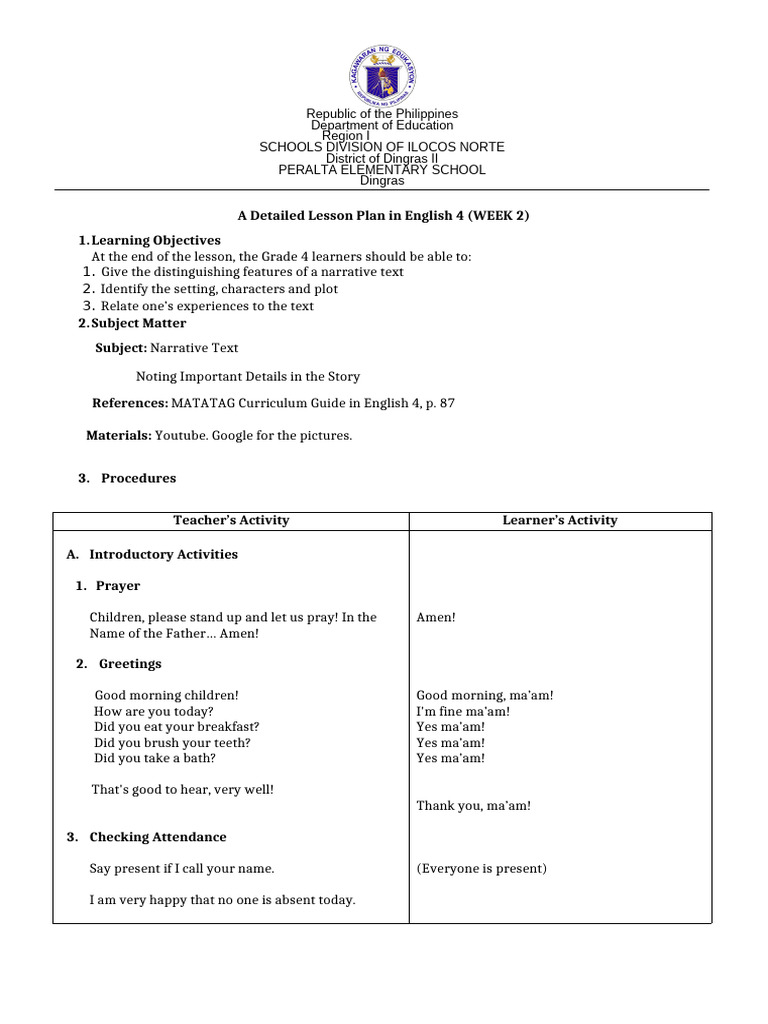 Grade 4 English Lesson Plan: Narrative Text | PDF | Narrative