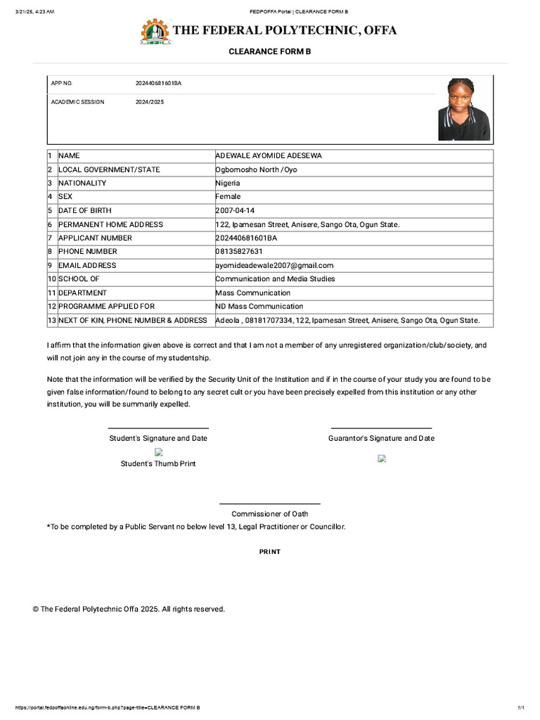 Fedpoffa Portal - Clearance Form B | PDF