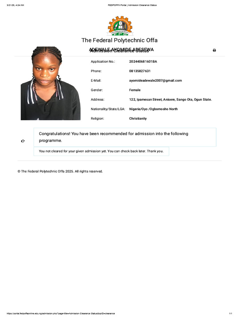 FEDPOFFA Portal - Admission Clearance Status | PDF