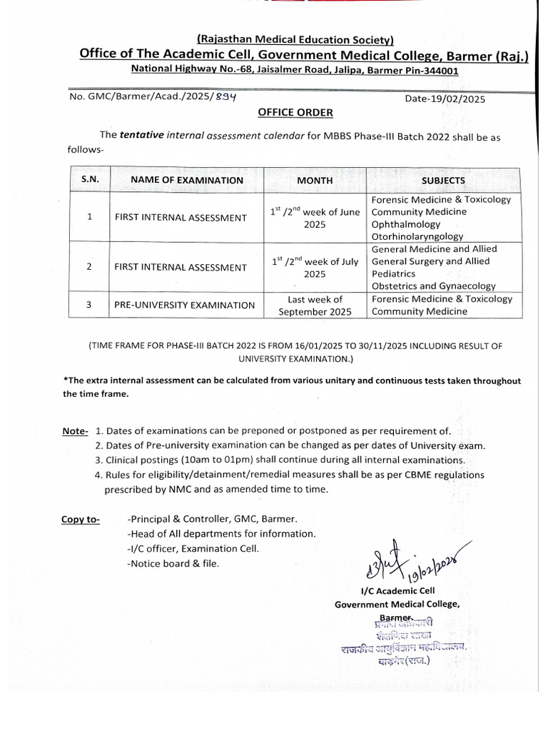 Internal Assessment Schedule Batch-2022 | PDF