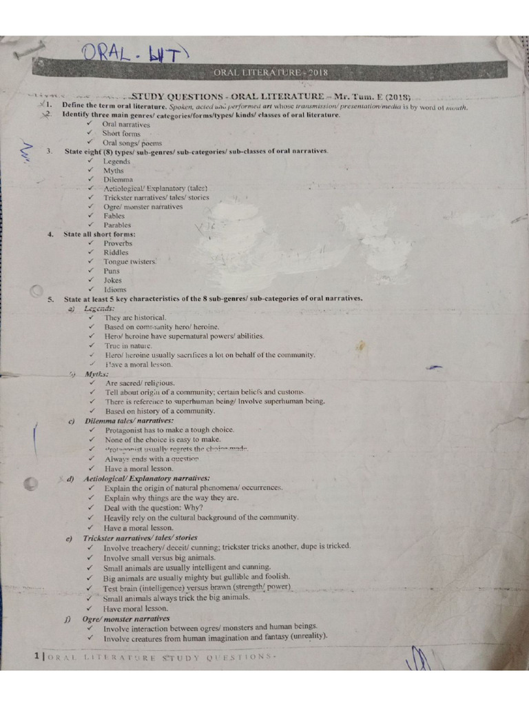 Oral Literature Notes (Copy in The Oral Literature Book) Assignments ...