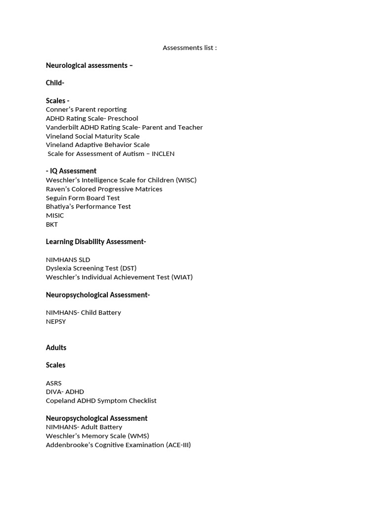 Assessments List | PDF