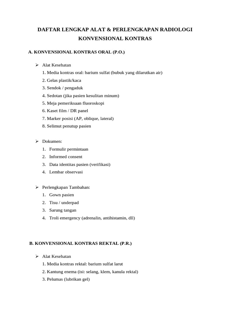 Daftar Lengkap Alat & Perlengkapan Radiologi Konvensional Kontras | PDF
