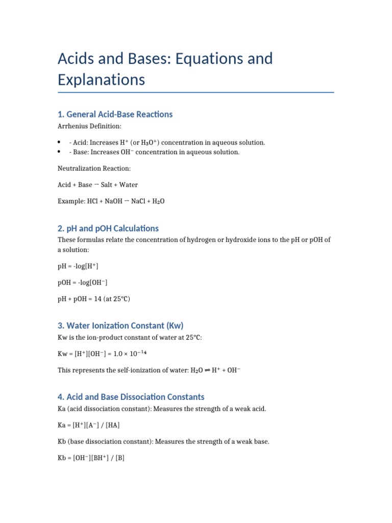 Acids and Bases Equations With Explanations | PDF