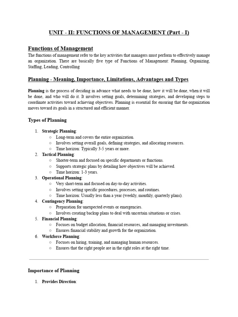 Functions of Management: Planning Overview | PDF | Forecasting ...