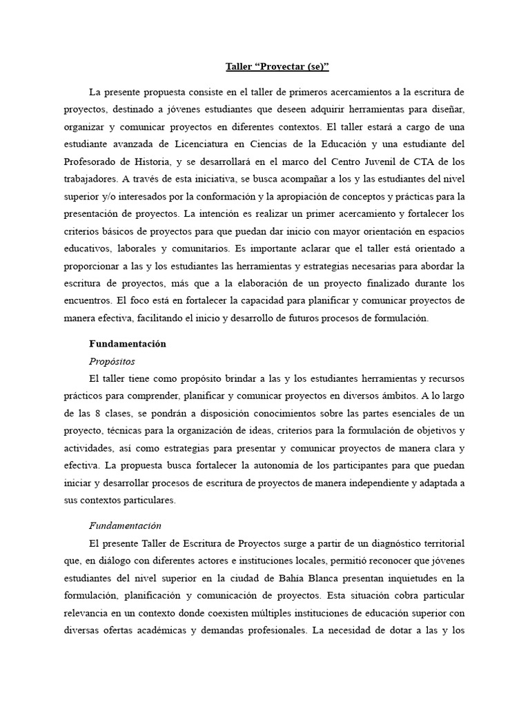 Taller "Proyectar (Se) " | PDF | Planificación | Cognición
