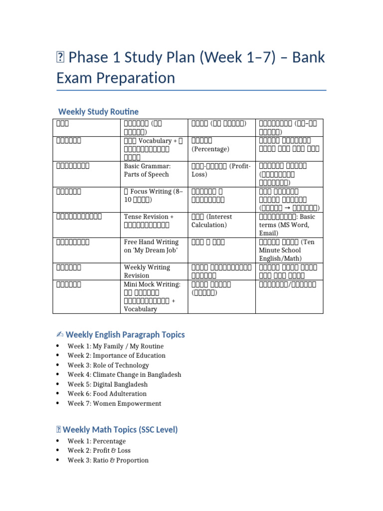Phase 1 Study Plan Bank Exam | PDF