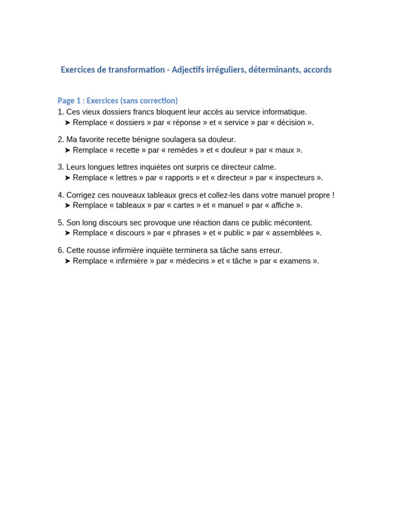 Exercices sur les adjectifs irréguliers | PDF