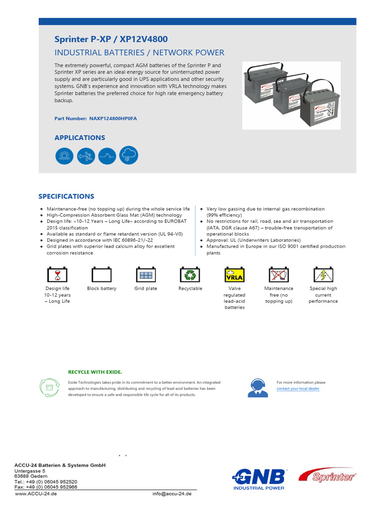 Exide Sprinter XP12V4800 Overview | PDF | Electricity | Energy Storage