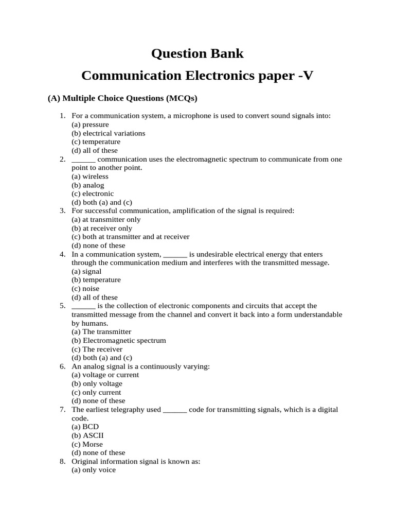 Communication Electronics MCQs & Concepts | PDF | Modulation | Transmitter