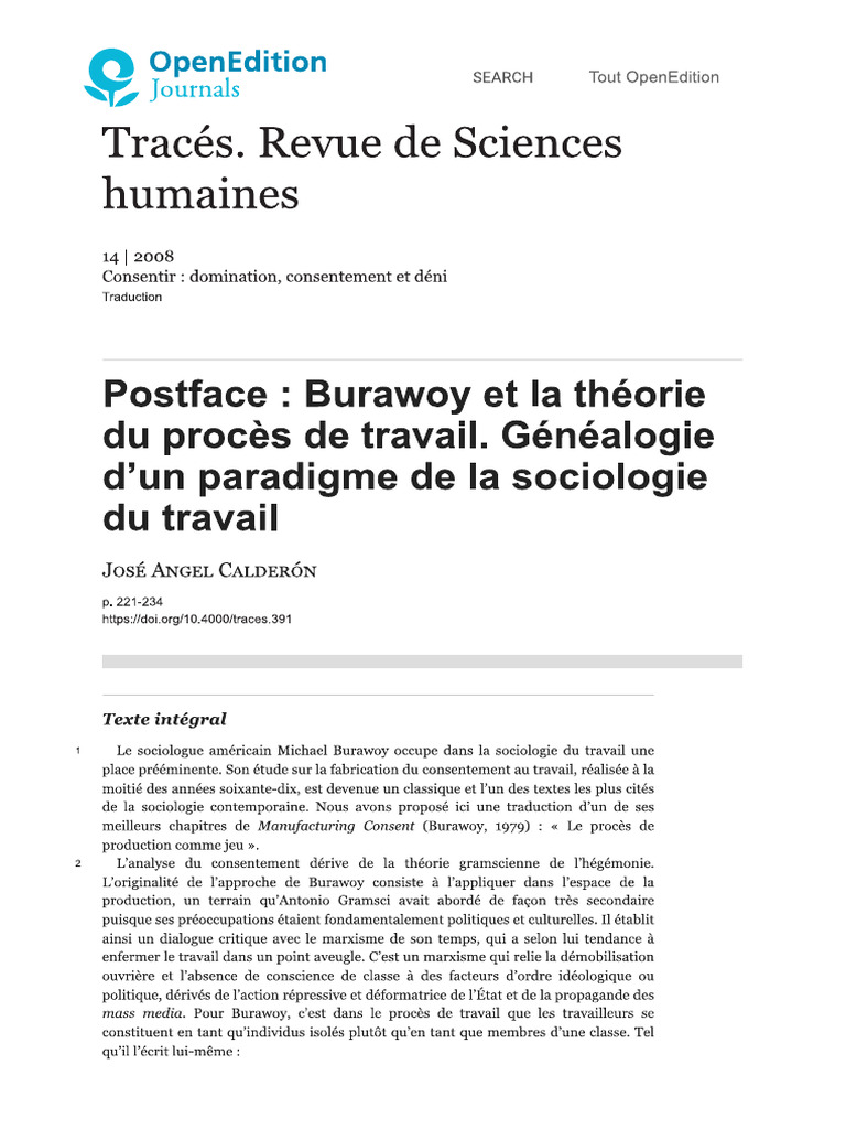 CALDERON José Burawoy Et La Théorie Du Procès de Travail | PDF