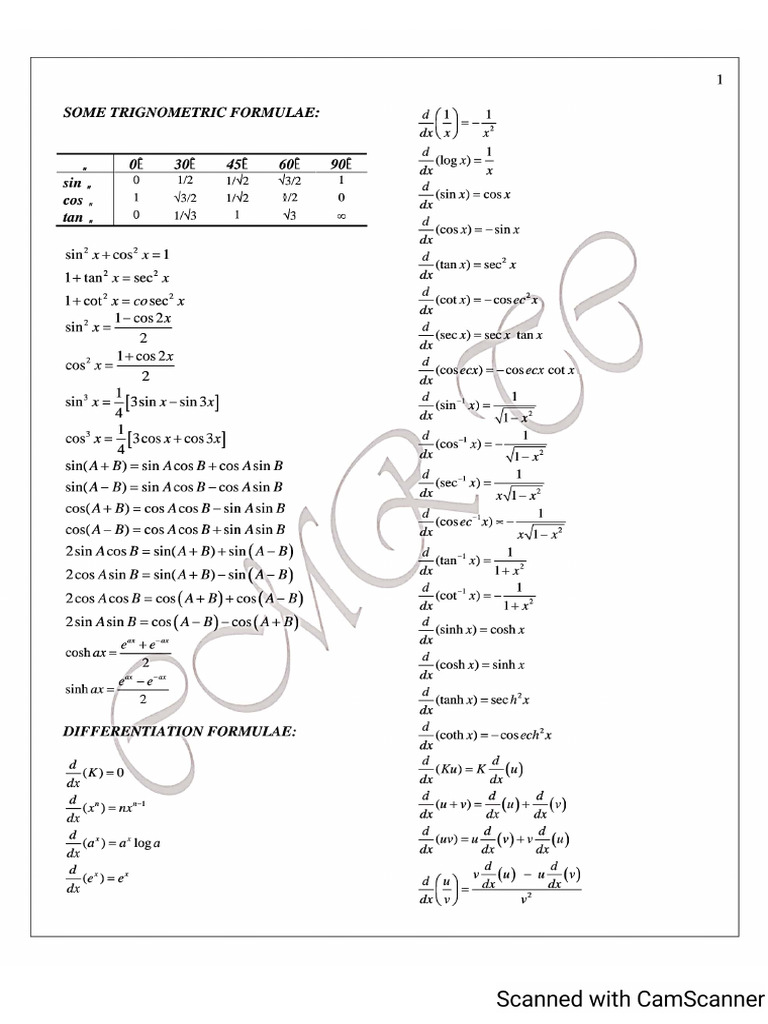 Differentiation and INTEGRATION Formulae | PDF
