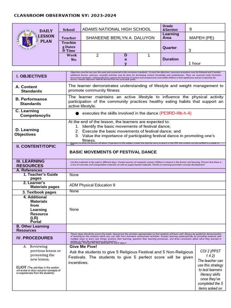 Q3 COT - LP PE9 - Week2 (Basic Movements of Festival Dance) | PDF ...