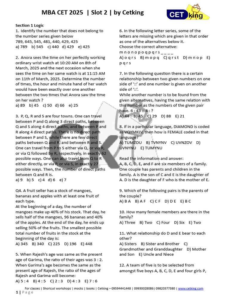 MBA CET 2025 Mock Test Questions | PDF | Car