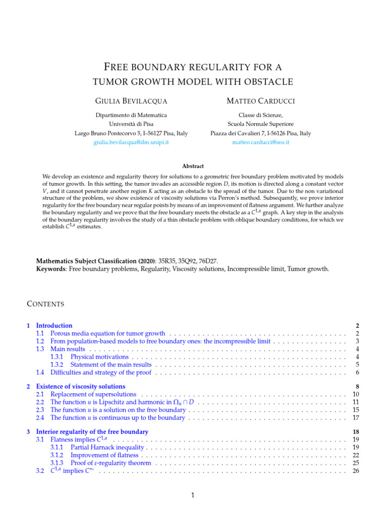 Free Boundary Regularity For A Tumor Growth Model With Obstacle | PDF | Pressure | Nonlinear System