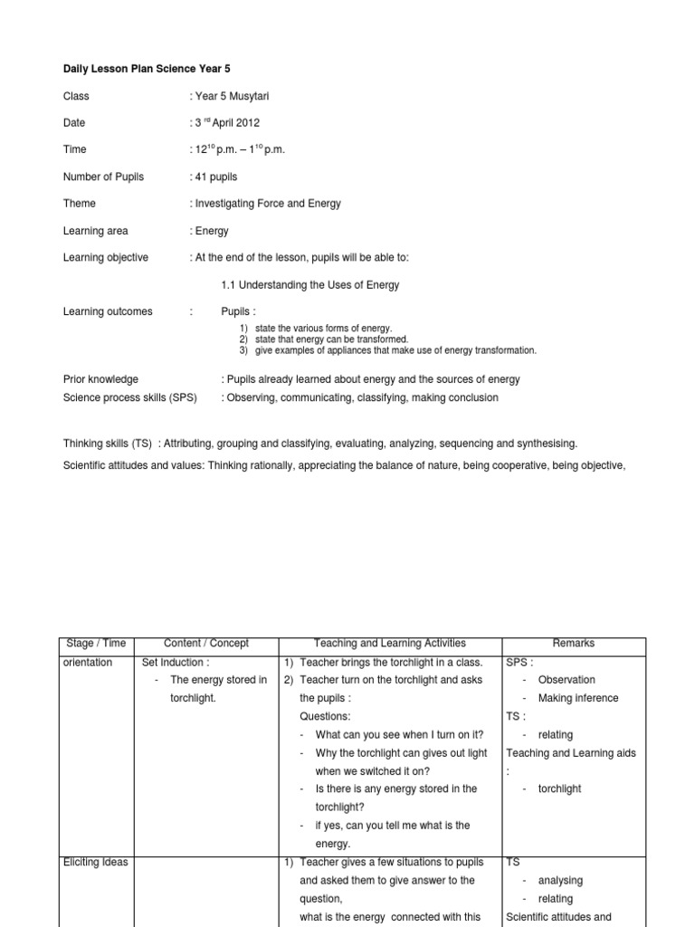 Year 5 Science Lesson Plan: Energy | PDF | Lesson Plan | Science