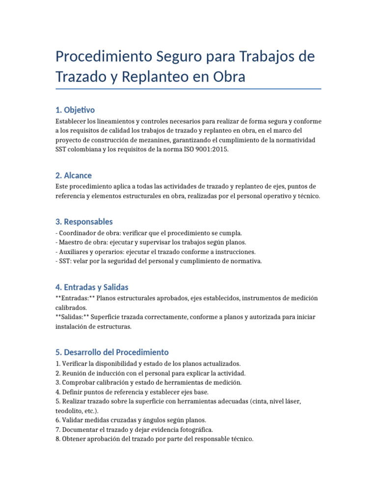 Procedimiento Trazado Replanteo ISO9001 | PDF