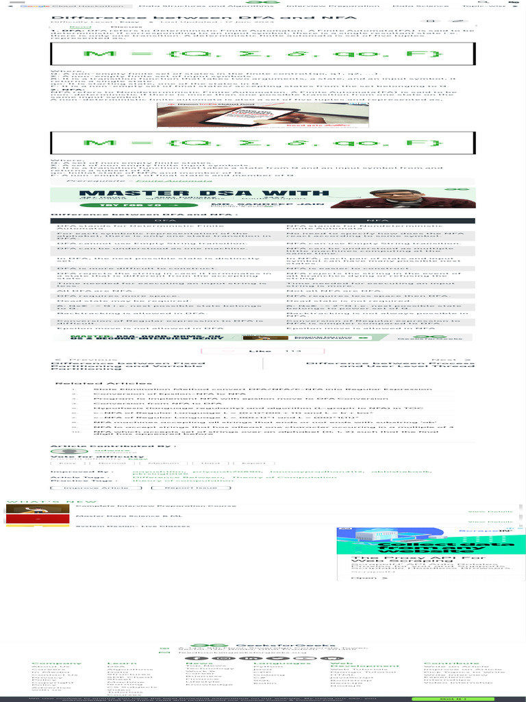 Difference Between DFA and NFA - GeeksforGeeks | PDF | Theoretical Computer Science | Formal Methods