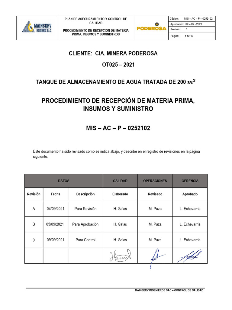 MIS - AC - P - 0252102 - Procedimiento de Recepcion de Materia Prima, Insumos y Suministros ...