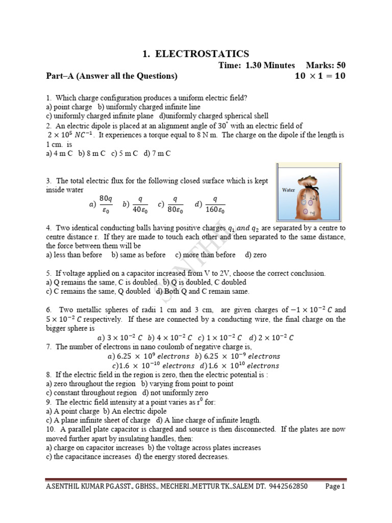Electrostatics: Time: 1.30 Minutes Marks: 50 Part-A (Answer All The ...
