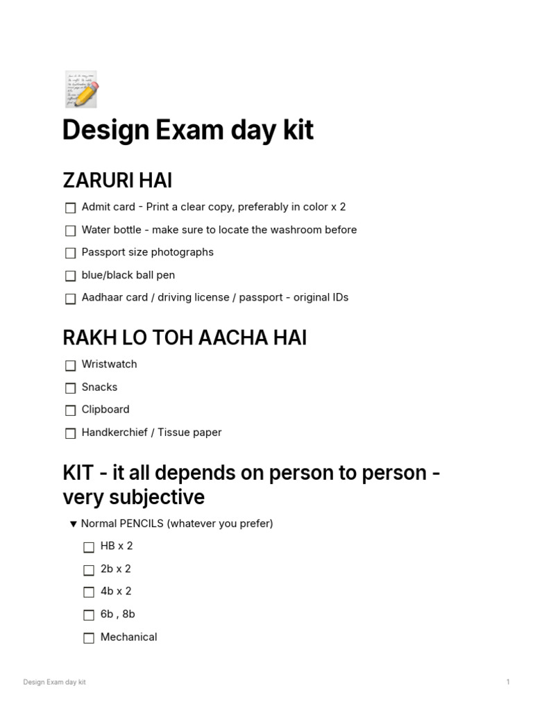 Essential Exam Day Kit Checklist | PDF