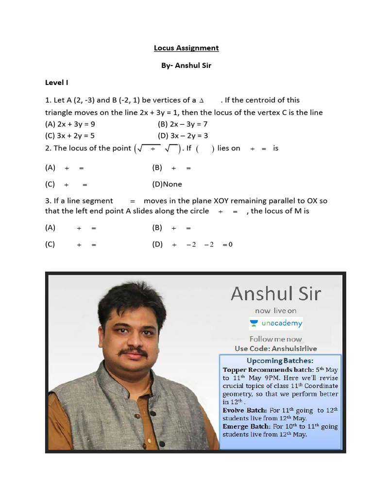 Locus Assignment By-Anshul Sir Level I: H K X y | PDF | Circle | Triangle