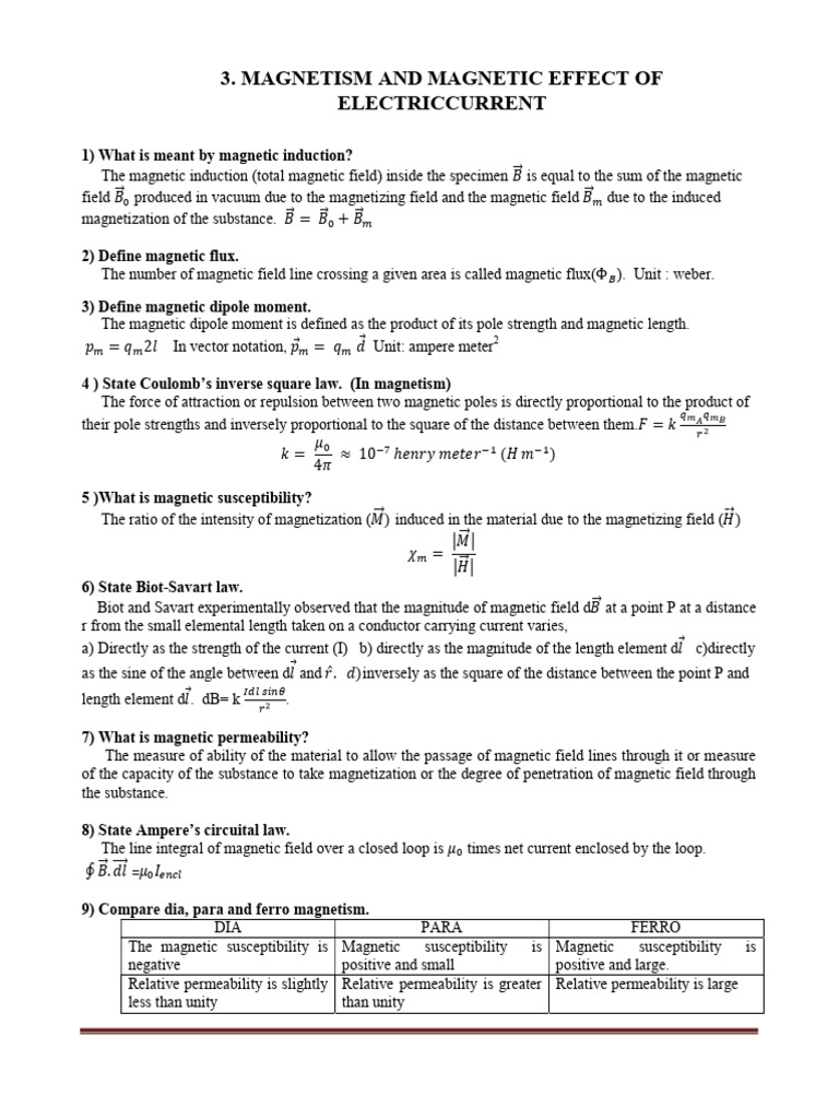 3 Magnetism and Magnetic Effect of Electric Current | PDF | Magnetic ...