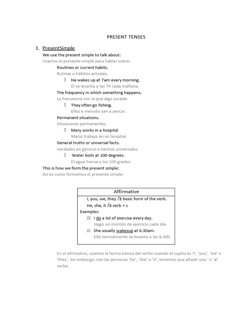 Explanation - Grammar Unit 3 - Present Tenses | PDF | Verbo ...