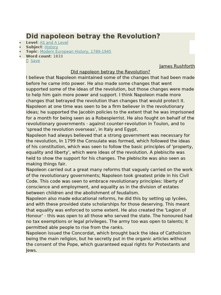 Did Napoleon Betray The Revolution | PDF | Napoleon | Maximilien ...