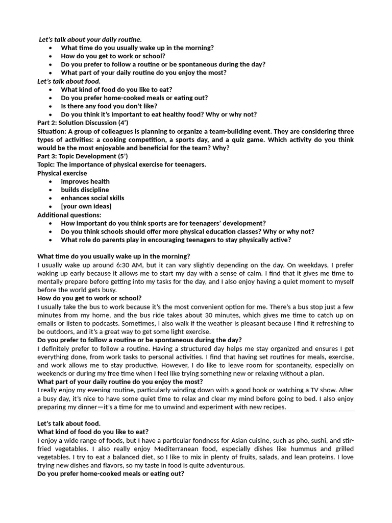 Daily Routines, Food Preferences, and Team Activities | PDF ...