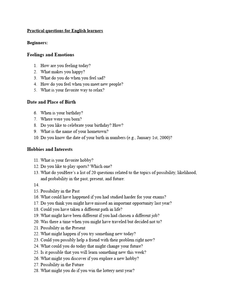 Practical Questions For English Learners | PDF | Goal | Social Psychology