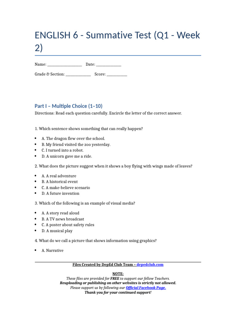 Grade 6 English Summative Test Q1 | PDF