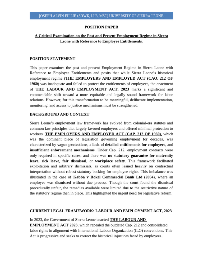 Employment Regime Sierra Leone Position Paper | PDF | Employment | Labour Law