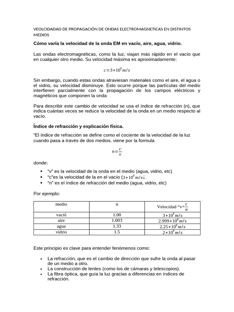 Veolcidadad de Propagación de Ondas Electromagneticas en Distintos Medios | PDF | Refracción | Olas