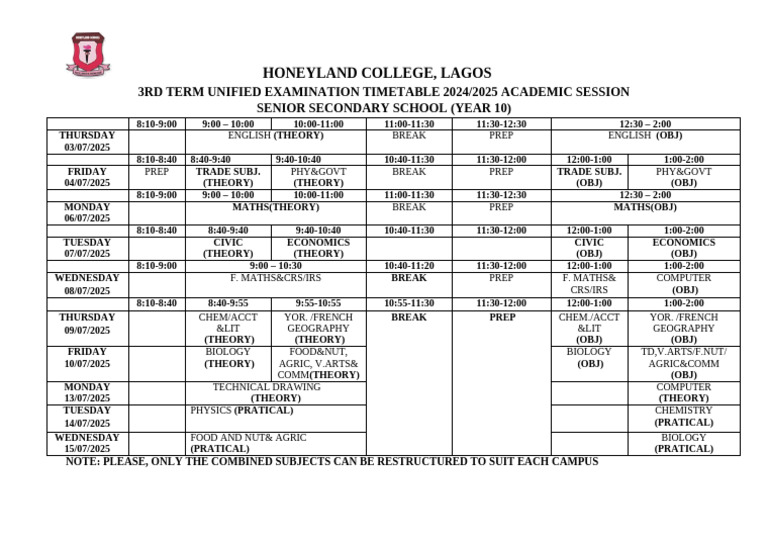 3rd Term Unified Exam Timetable Year 10 | PDF | Educational Stages
