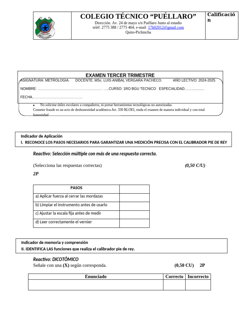 Examen Metrologia 1ros | PDF | Longitud