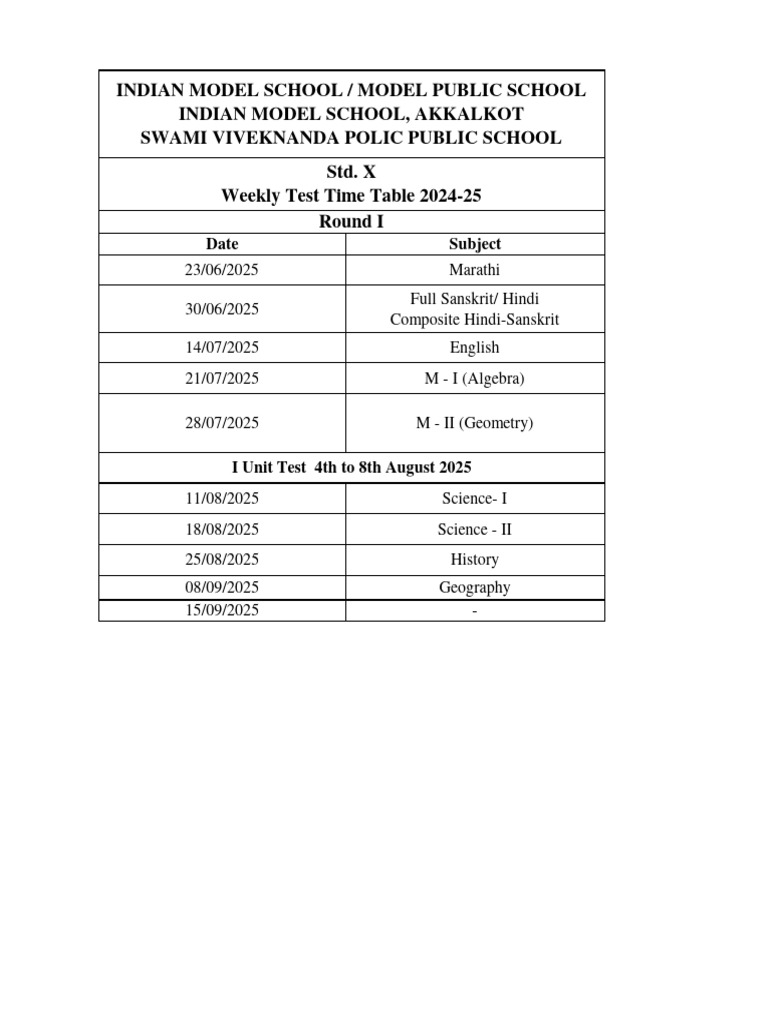 STD. X Weekly Test Time Table - 2025-26 | PDF