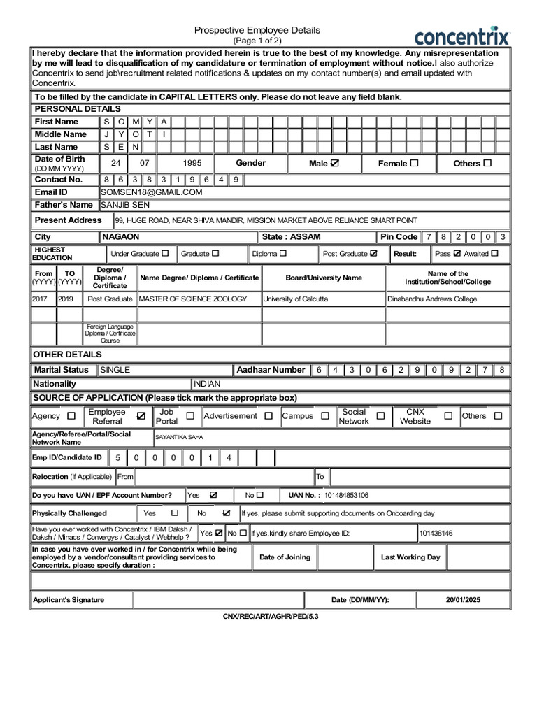 Concentrix Employee Application Form | PDF | Business