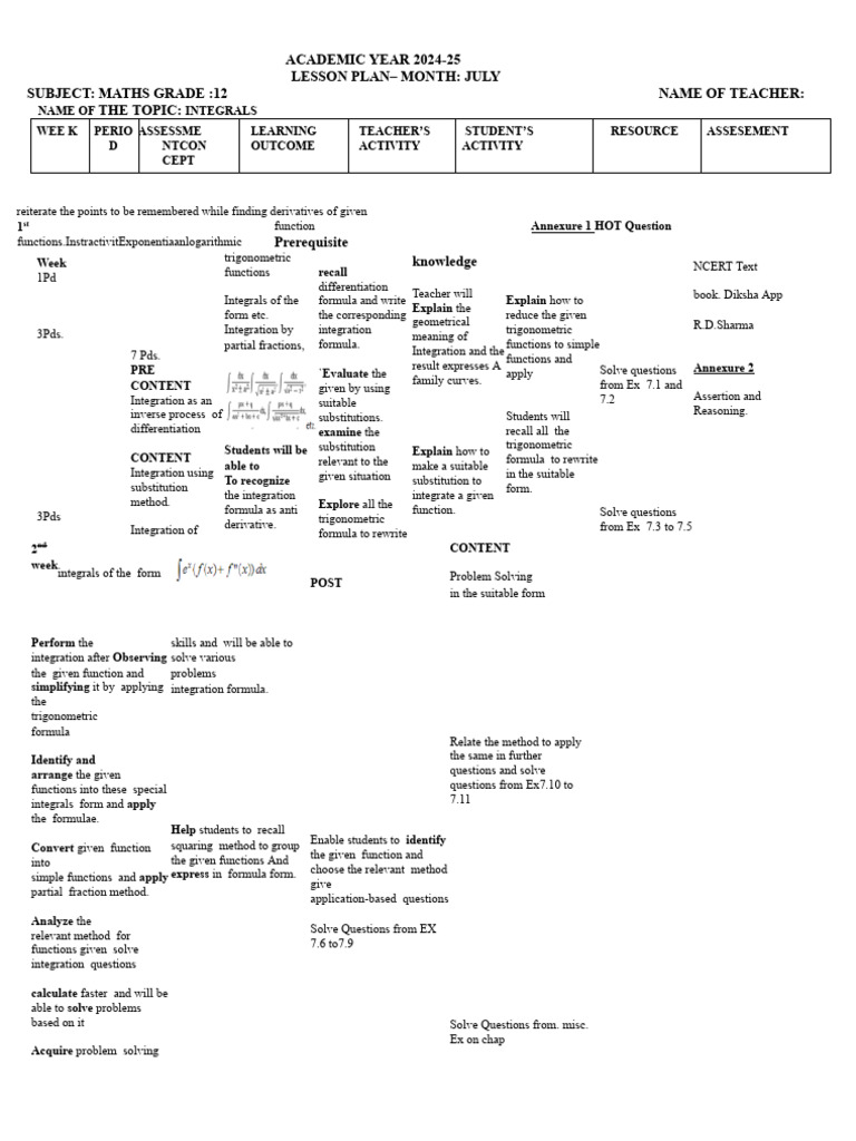 Grade 12 Maths Lesson Plan: Integrals | PDF | Integral | Trigonometric ...