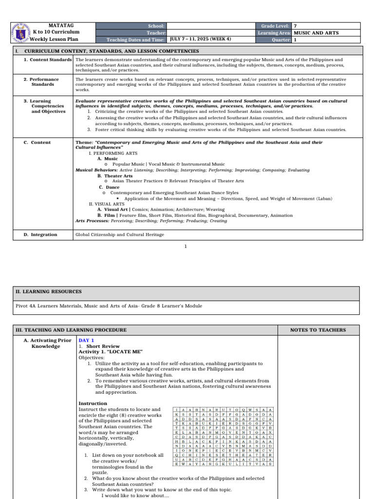 DLL Matatag - Music & Arts 7 Q1 W4 | PDF | Curriculum | Learning