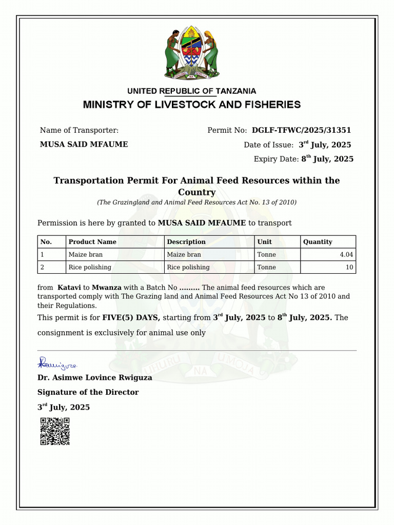 Animal Feed Transport Permit 2025 | PDF