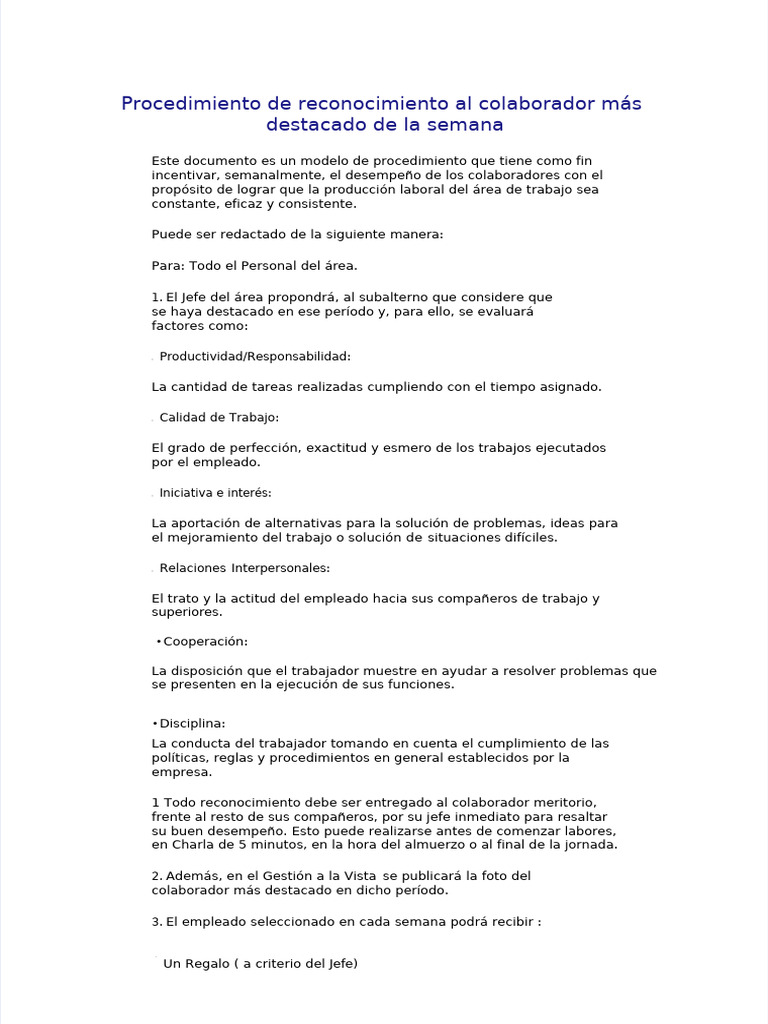 PDF Procedimiento de Reconocimiento Al Empleado Mas Destacado de La ...