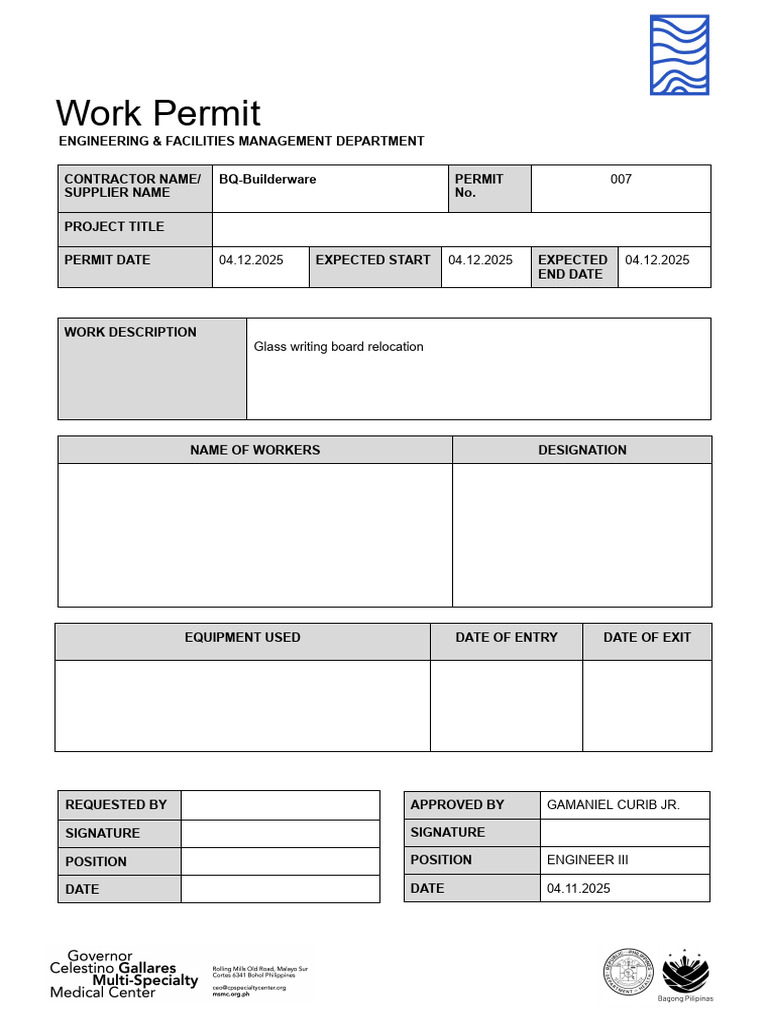 Work Permit for Glass Board Relocation | PDF